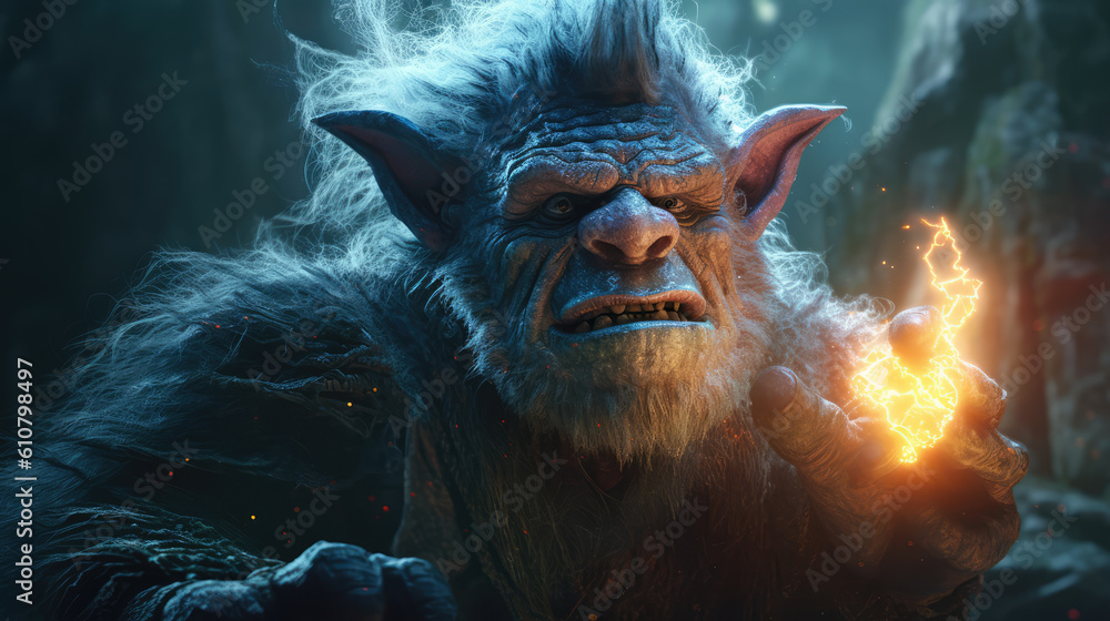 Fantastic old troll with big face and fireball in the hand and light ...