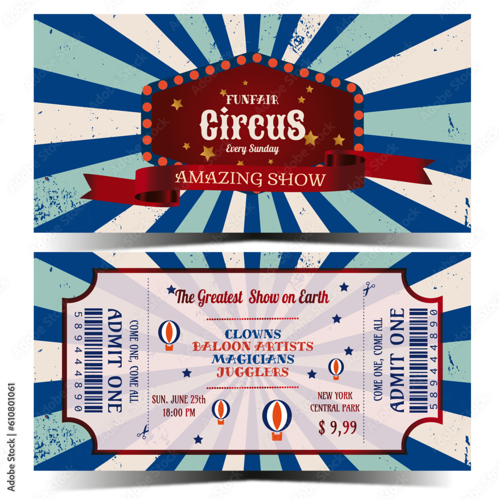 Circus ticket template. Front and back. Carnival ticket. Ready to print ...