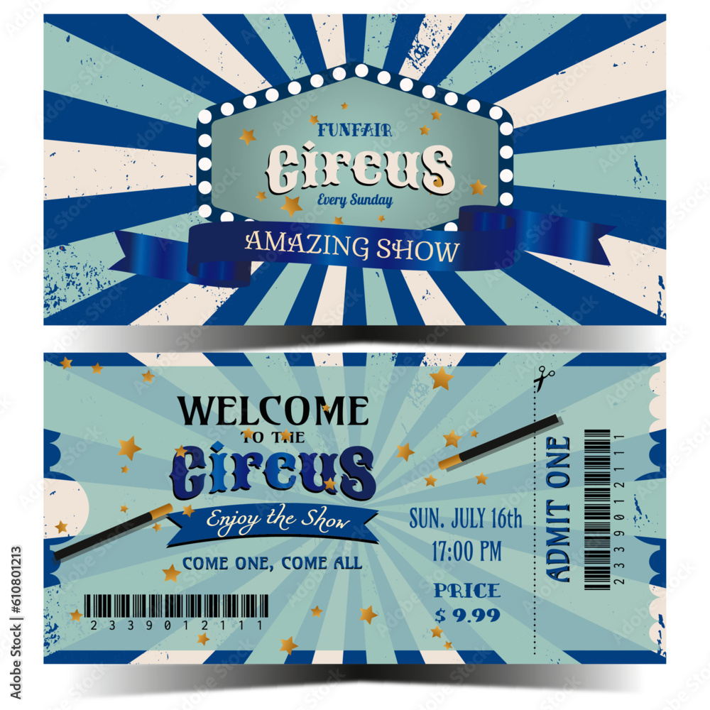 Circus ticket template. Front and back. Carnival ticket. Ready to print ...