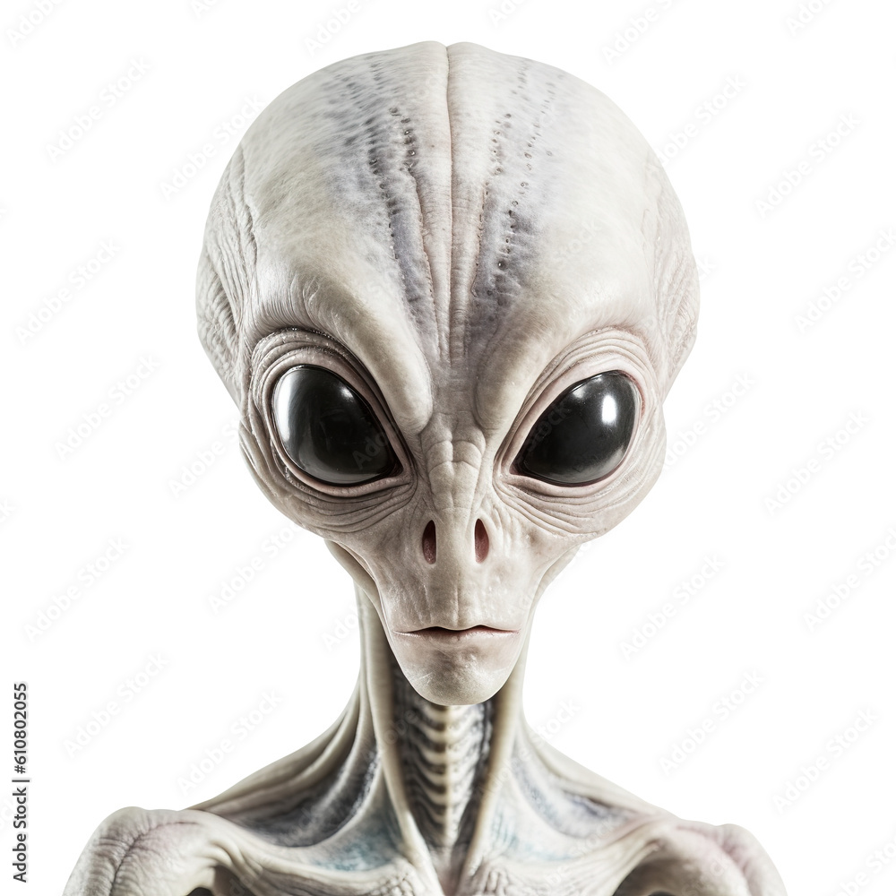 Alien with a large head and large black eyes isolated on transparent ...