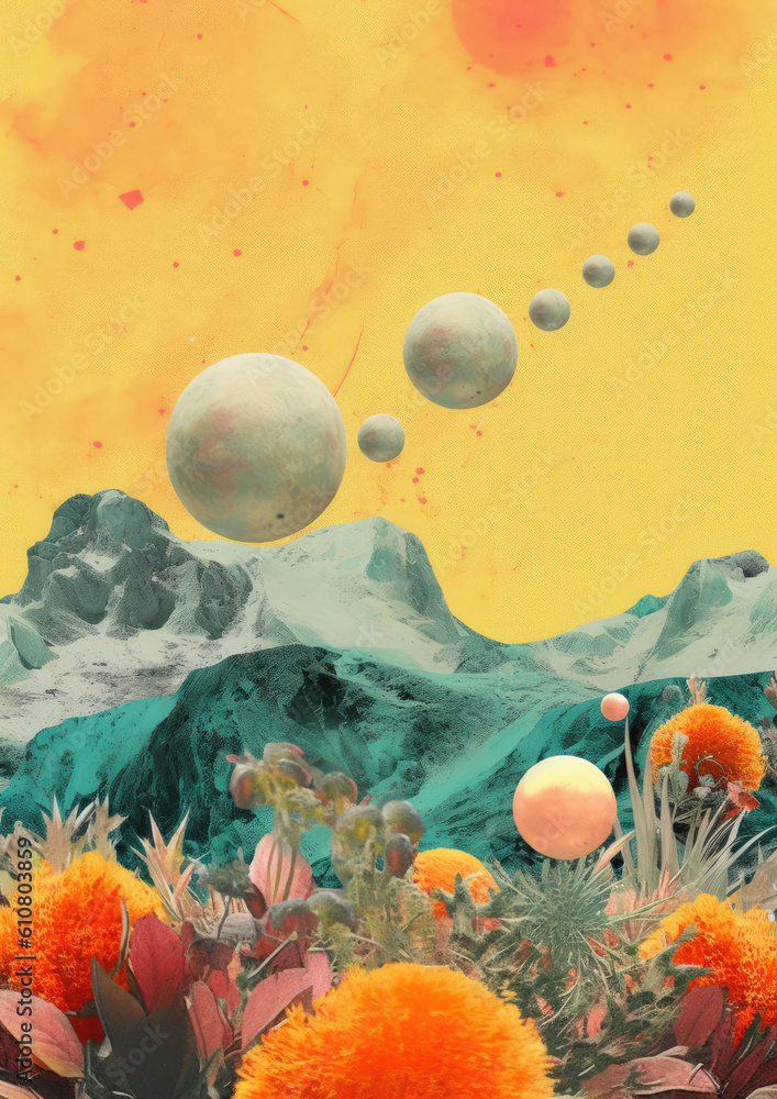 Minimalistic collage of planets in a row in the sky, road plants, snowy ...