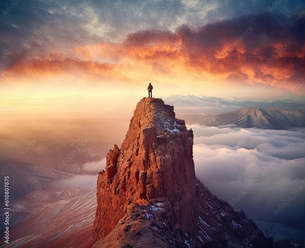 hombre en la cima de la montaña viendo el atardecer. Ilustracion de ia ...