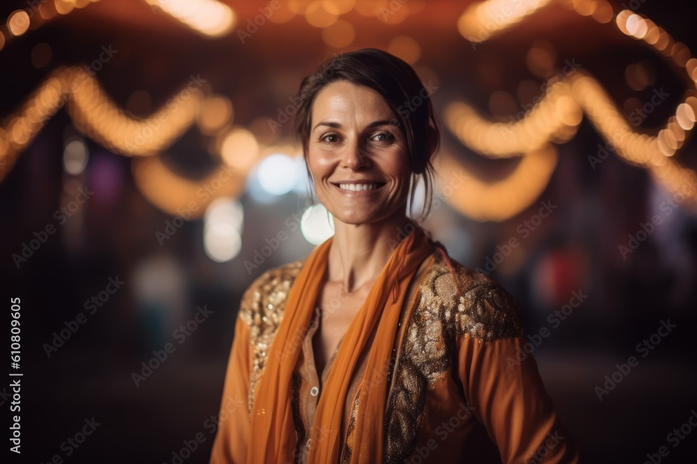 Portrait of a beautiful woman smiling in the street at night. Stock ...