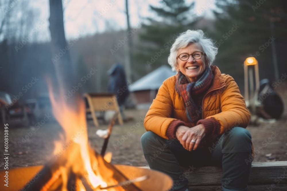 Happy senior woman sitting near bonfire in autumn forest at campsite ...