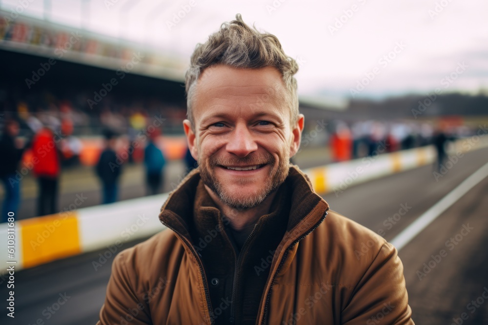 Portrait of a smiling man in a tracksuit on the race track Stock ...