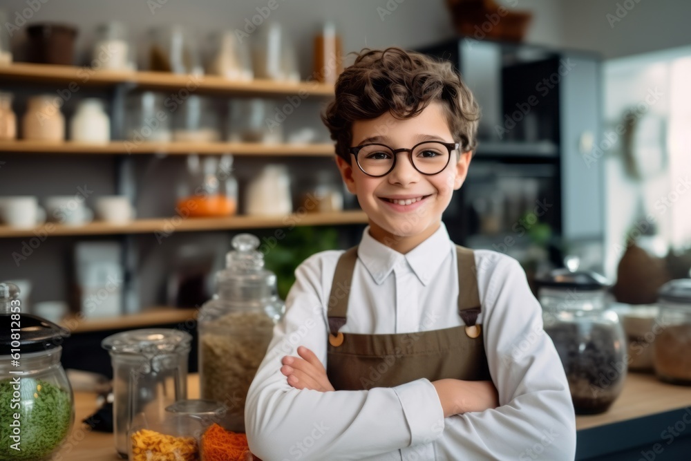 Medium shot portrait photography of a satisfied child male that is ...