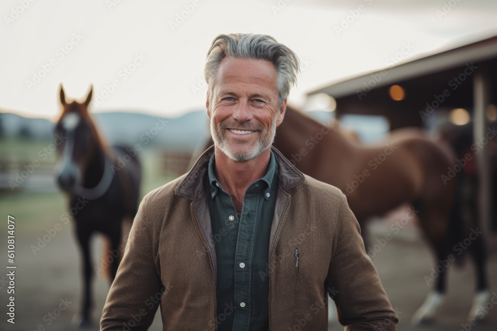 Portrait of smiling mature man standing with horse in stable at ranch ...