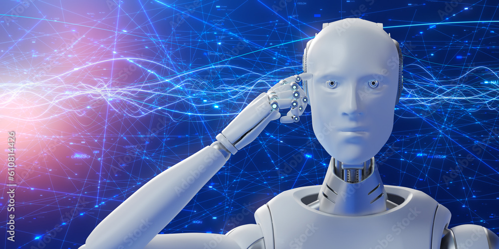 青い背景の中で思考するアンドロイド / 進化するAI・インスピレーションのコンセプトイメージ / A thinking android in ...