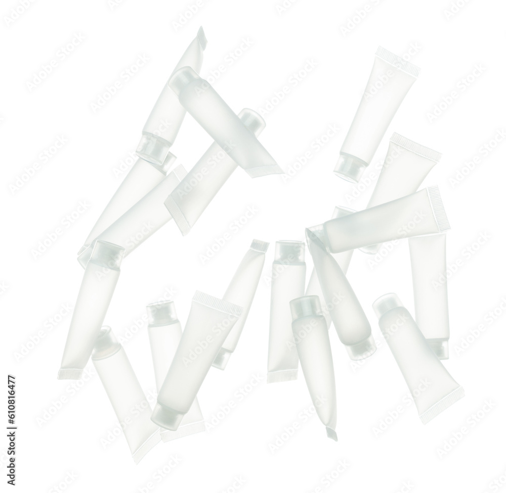 Cosmetic container white bottle fly splashing. Tube transparent in mid ...