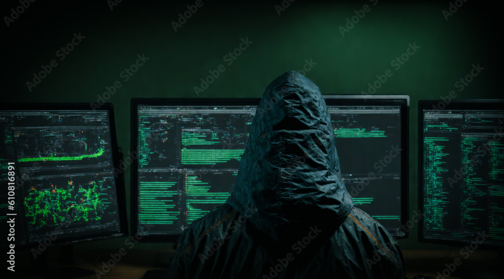A Hacker Wearing A Hoodie Seen From The Back Stands In Front Of Three Green Colored Code