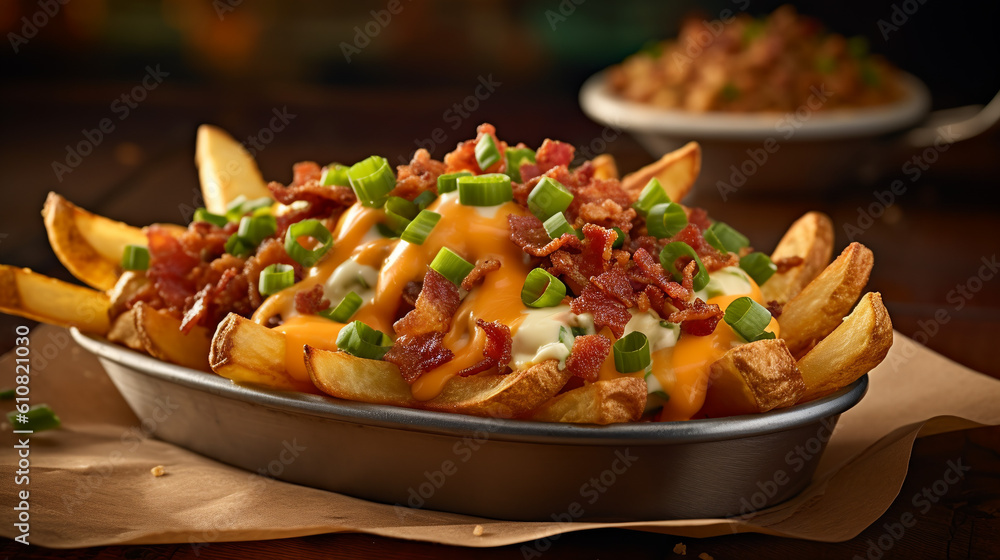 A platter of loaded potato wedges, topped with melted cheese, crispy ...
