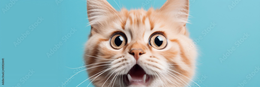 adorable cute cat with surprised expression isolated on blue background ...
