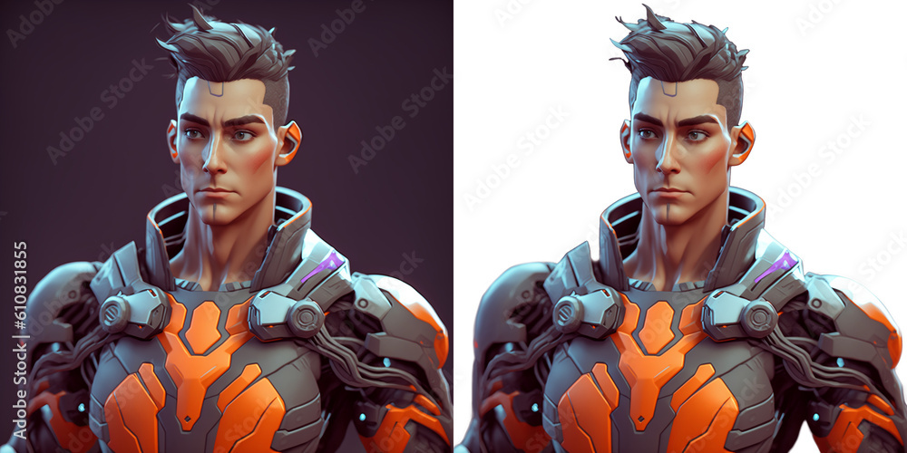 Male Sci-fi video game character in a futuristic avatar costume. Step ...