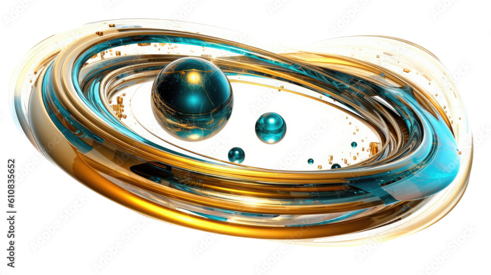 planetary ring system in teal and gold abstract colorful shape, 3d ...