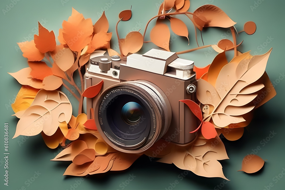 paper art, camera with leaves, paper art style ai generated Stock ...