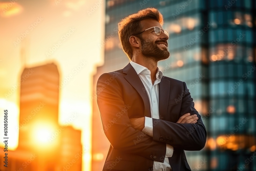 Happy wealthy rich successful business man standing in big city modern skyscrapers street on ...