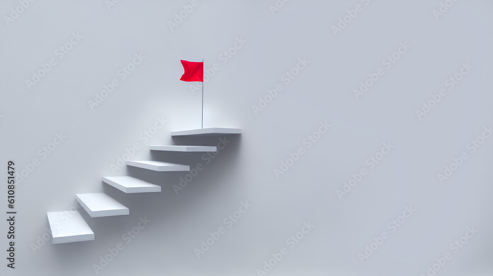 Concept of growth, depicting upward steps leading towards a flag on the ...