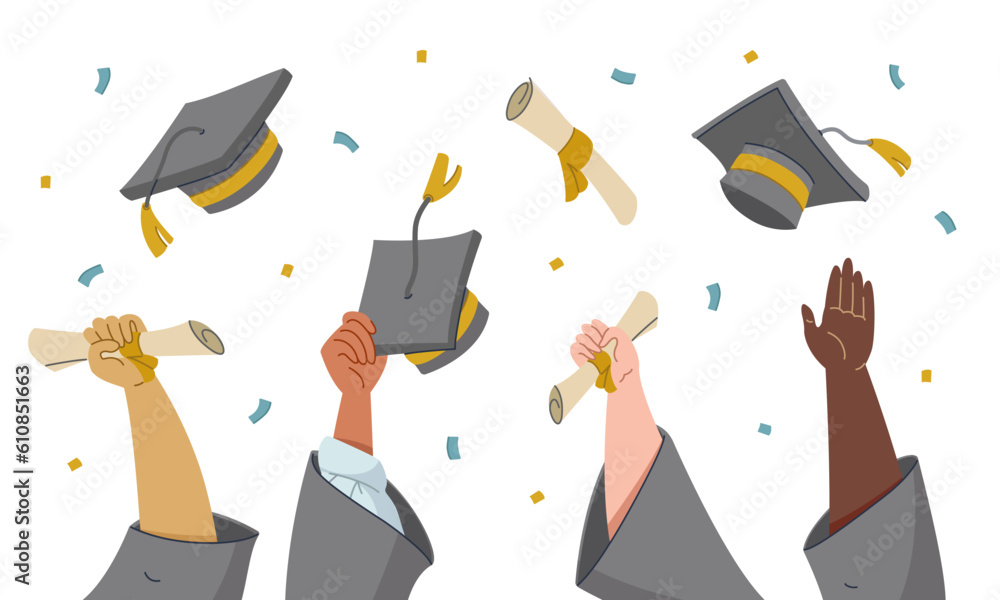 Students hands holding and throwing graduation caps and diplomas flat ...