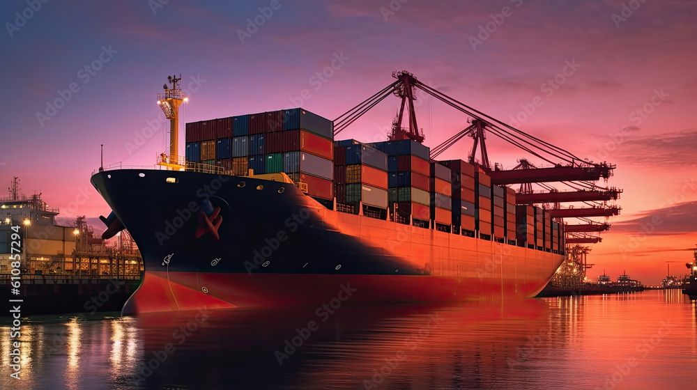 Rear view cargo container ship. Business logistic transportation sea ...