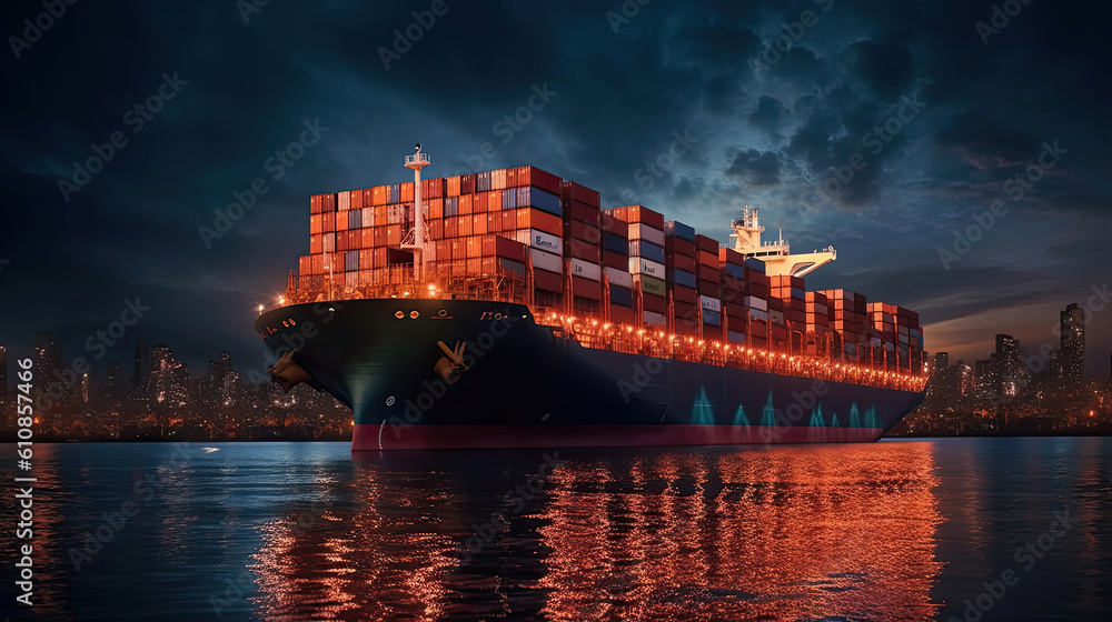 Rear view cargo container ship. Business logistic transportation sea ...