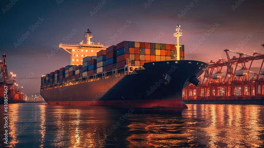 Rear view cargo container ship. Business logistic transportation sea ...