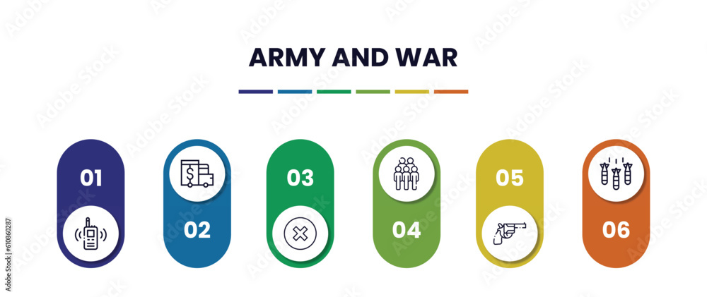 army and war outline icons. army and war icons with infographic ...