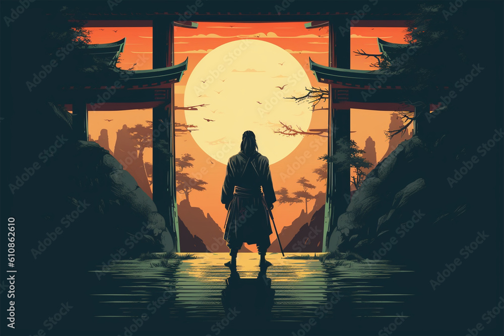 Generative AI. illustration background of a samurai in front of japan ...