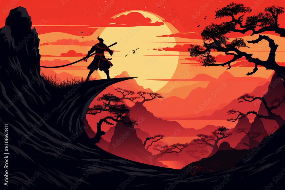Generative AI. background illustration of a ninja on top of a cliff ...