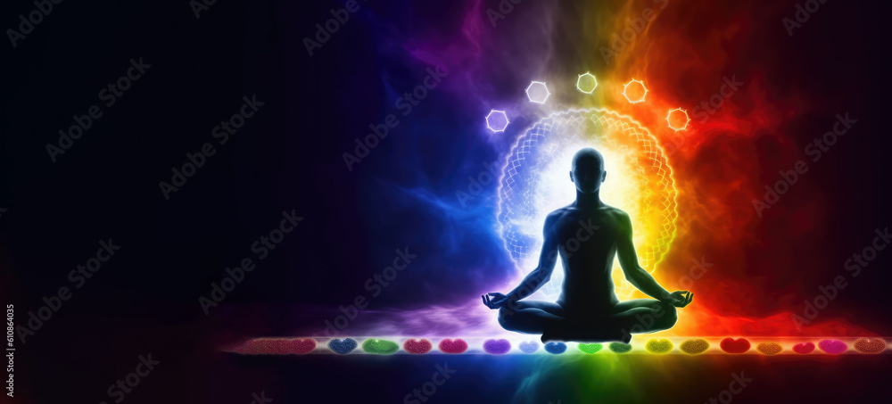 Human body with luminous chakras and kundalini energy on space esoteric ...