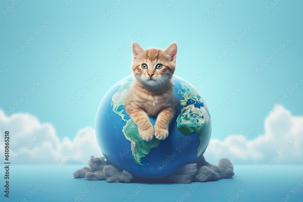 cat coming out of world earth globe. international cat day concept.ai ...