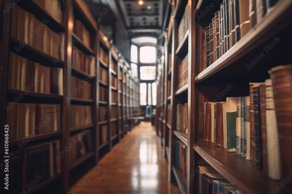 Abstract blurred empty college library interior space. Blurry classroom ...