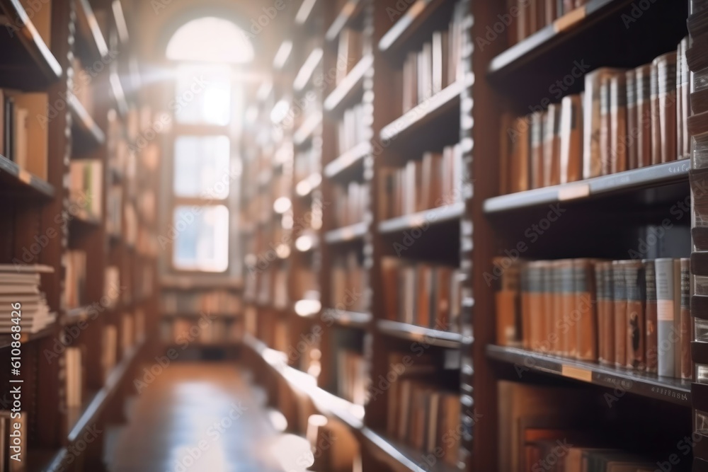 Abstract blurred empty college library interior space. Blurry classroom ...