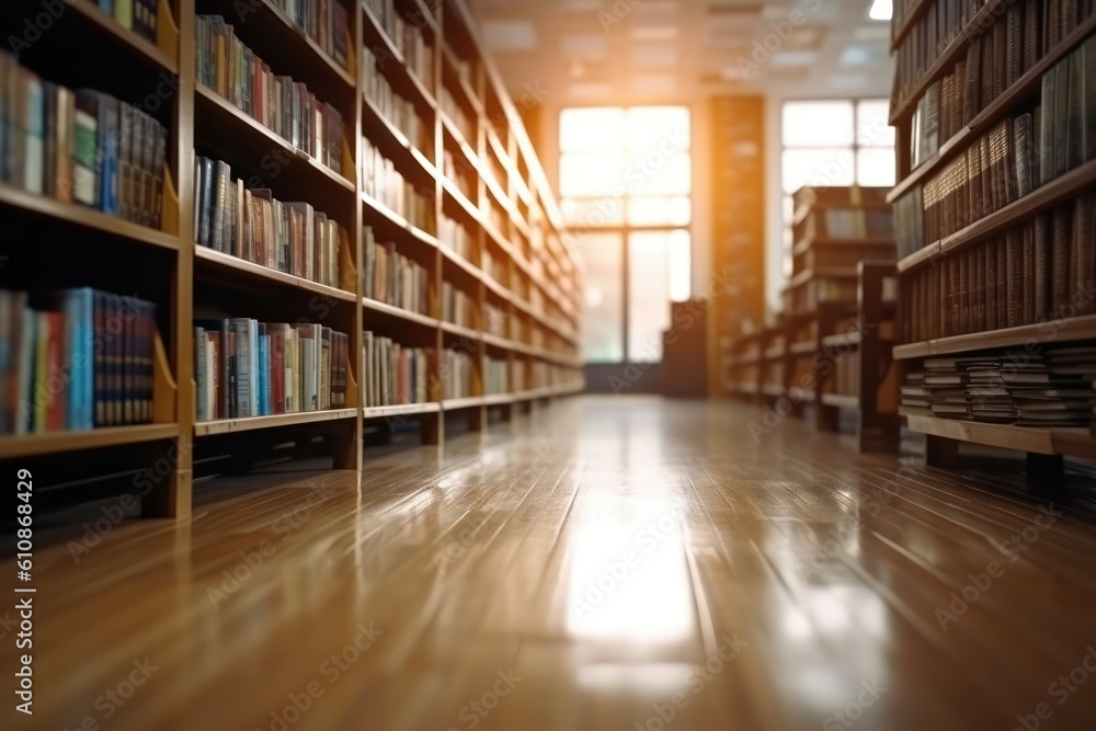 Abstract blurred empty college library interior space. Blurry classroom ...