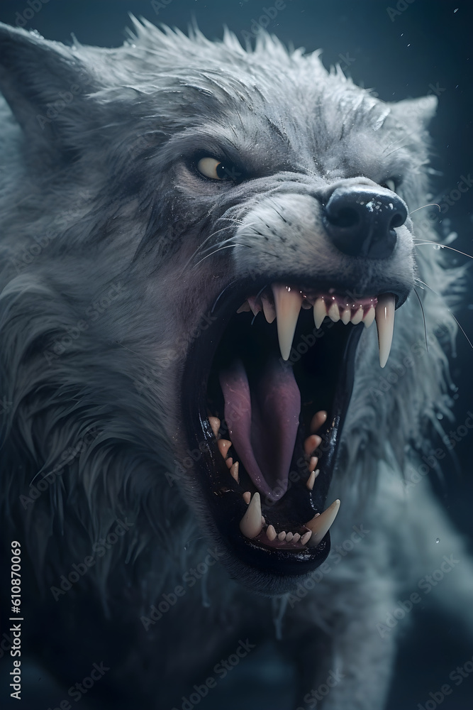 Fierce Beauty: A Rainy Night Closeup of a Wolf's Head Howling with ...