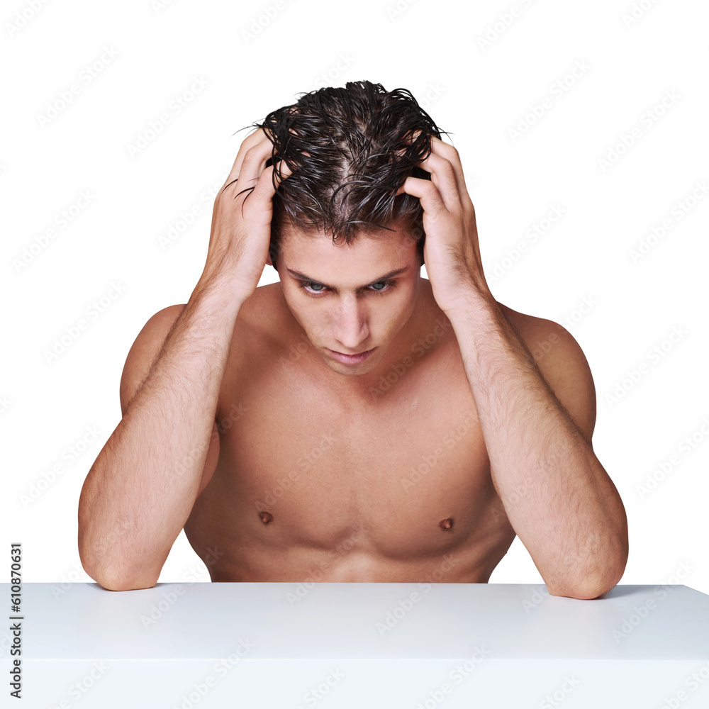 Man, shirtless body and hair care isolated on a transparent, png ...