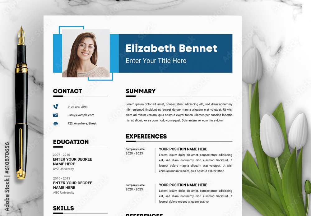 Modern Blue & White Resume Design Stock Template | Adobe Stock