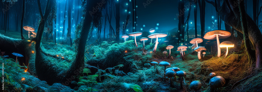 Captivating bioluminescent forest scene with glowing mushrooms and ...