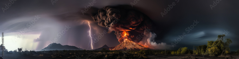 A dramatic sunset illuminates a dark, ashen sky as a volcano erupts ...