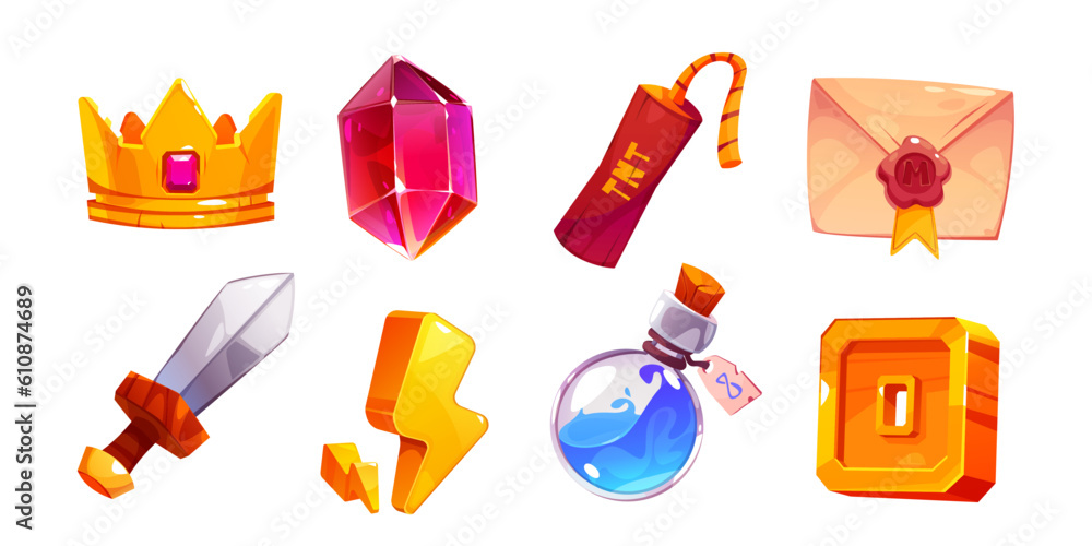 Game ui interface icon cartoon vector element set. Gold crown, gem, tnt ...