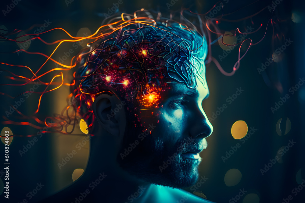 Profile of a male head connected by neurons to a computer processor ...