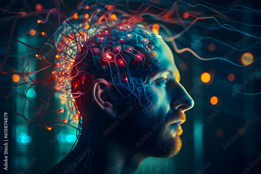 Profile of a male head connected by neurons to a computer processor ...