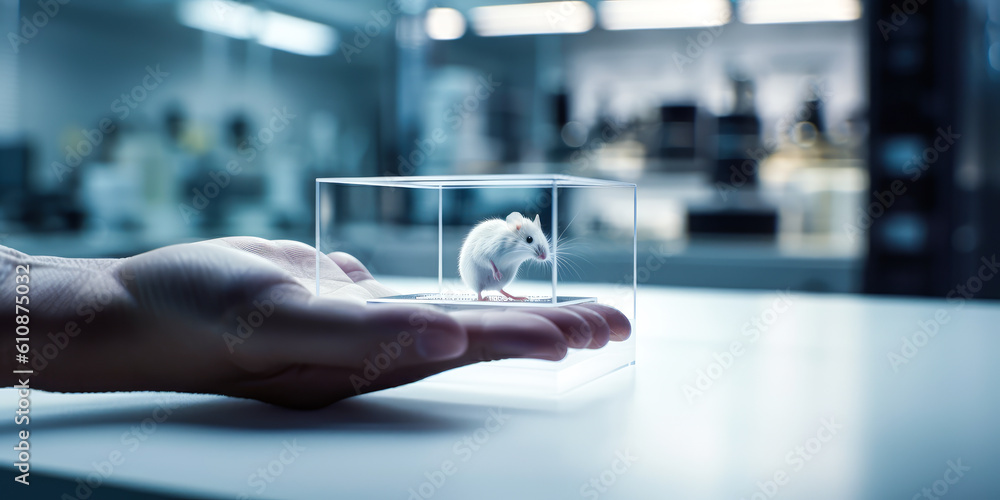 Intriguing image of a man's hand holding a lab mouse, with a scientist ...