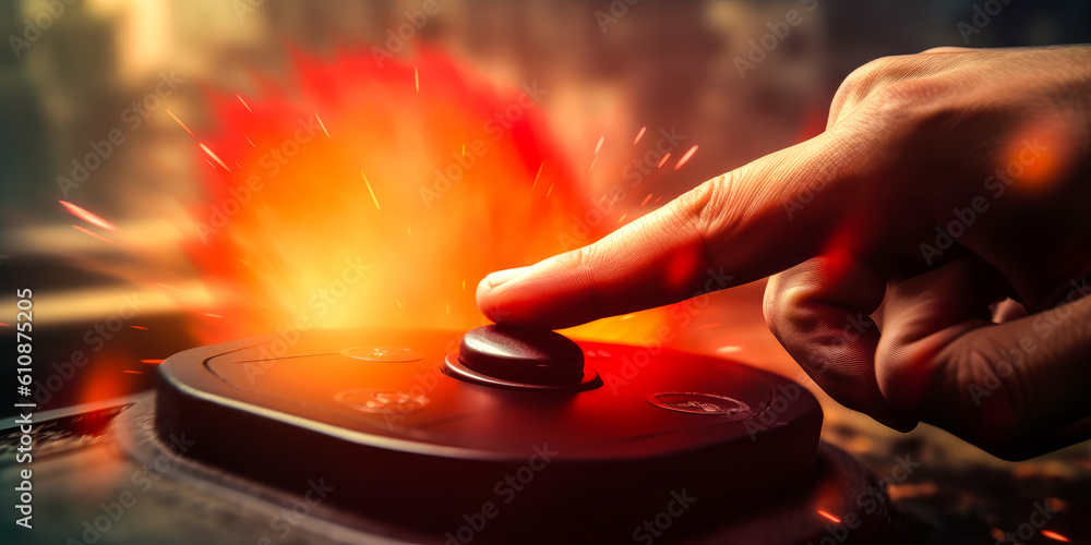 Captivating image of a man's finger pressing a red self-destruct button ...