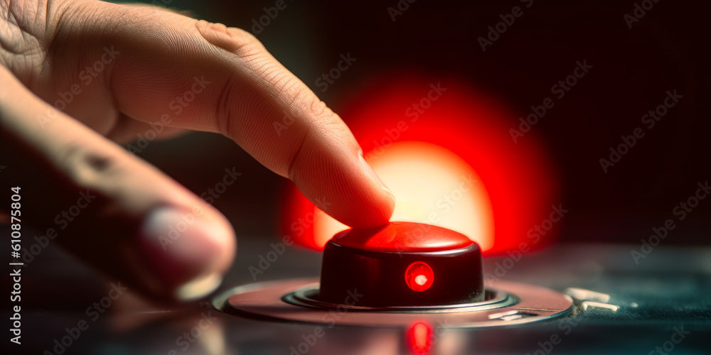 Captivating image of a man's finger pressing a red self-destruct button ...