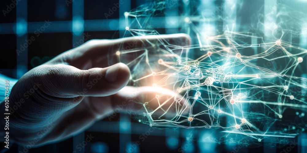 Man's hand manipulating a virtual neural network in an advanced neuroscience lab, perfect for ...