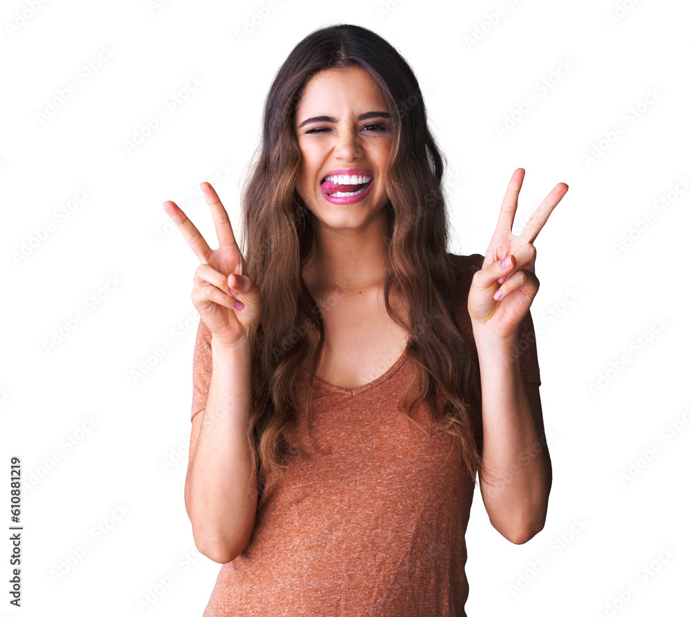 Portrait of happy woman, smile and peace sign hands, crazy celebration ...