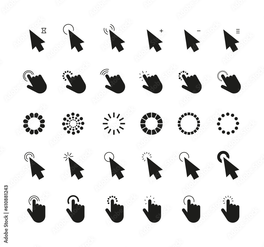 Mouse pointer cursor icons. Computer black clicking arrows and hands ...