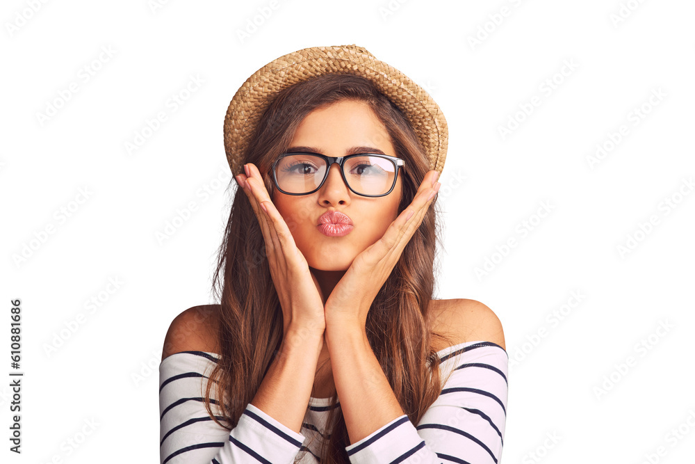 Funny face, pout and portrait of a woman with glasses isolated on a ...