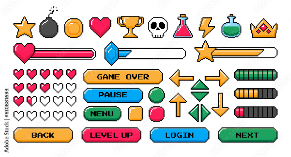 Vecteur Stock Pixel game icon. Retro video games element, arcade UI ... Vecteur Stock Pixel game icon. Retro video games element, arcade UI ...