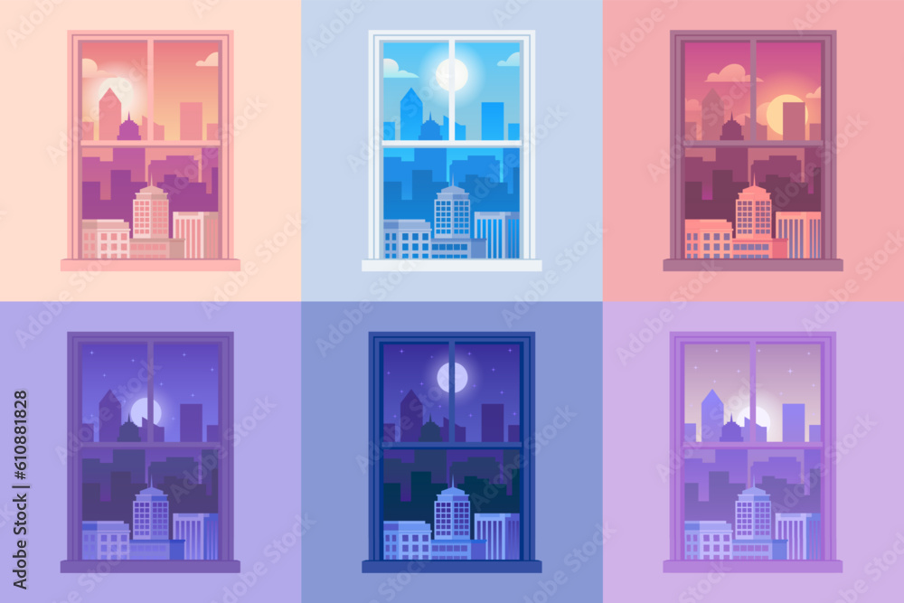 Window day night views. Windows outside view sunny day, night and ...